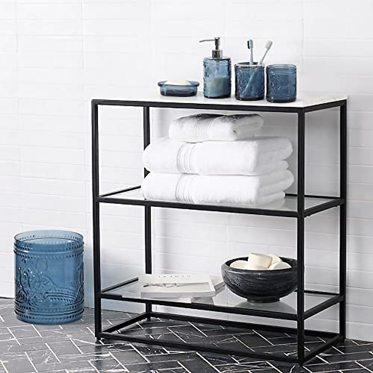 4PCs Dark Blue Glass Bathroom Accessories Set with Decorative Pressed Pattern - Includes Hand Soap Dispenser & Tumbler & Soap Dish & Toothbrush Holder