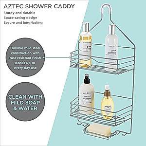 Bath Bliss Aztec Hanging Shower Caddy | Bathroom Storage & Organization | Shower Head Hang | Holds Large Bottles | Accessory Hooks | Suction Cup Backing | Grey