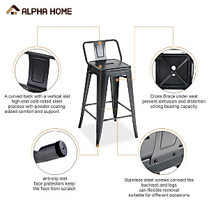 ALPHA HOME Metal Bar Stool Patio Stool 24 inches Counter Height Stools Set of 4 with Low Back Bar Chair for Indoor-Outdoor Kitchen Weight Capacity 350 lb, Matte Black