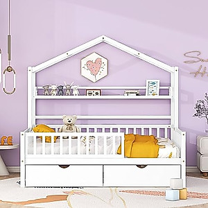 CKLMMC Full Size House Bed with 2 Drawers and 2 Shelves,Wooden Daybed Frame with Roof,Bedroom Furniture for Kids, Teens, Girls & Boys, Can Be Decorated (White/House-F)
