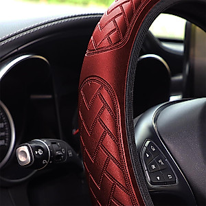 BESULEN Car Steering Wheel Cover, 15 Inch Leather, Red, Black, Beige, Brown, Wine Pink, Gray, Universal Fit