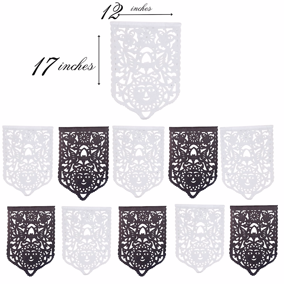 Black White Papel Picado Banners, Elegant Fiesta Decorations for Birthdays, Weddings, Bridal Showers, engagements, Paper Garland, Streamers, Bunting 2 Pack | Tissue Paper Flags