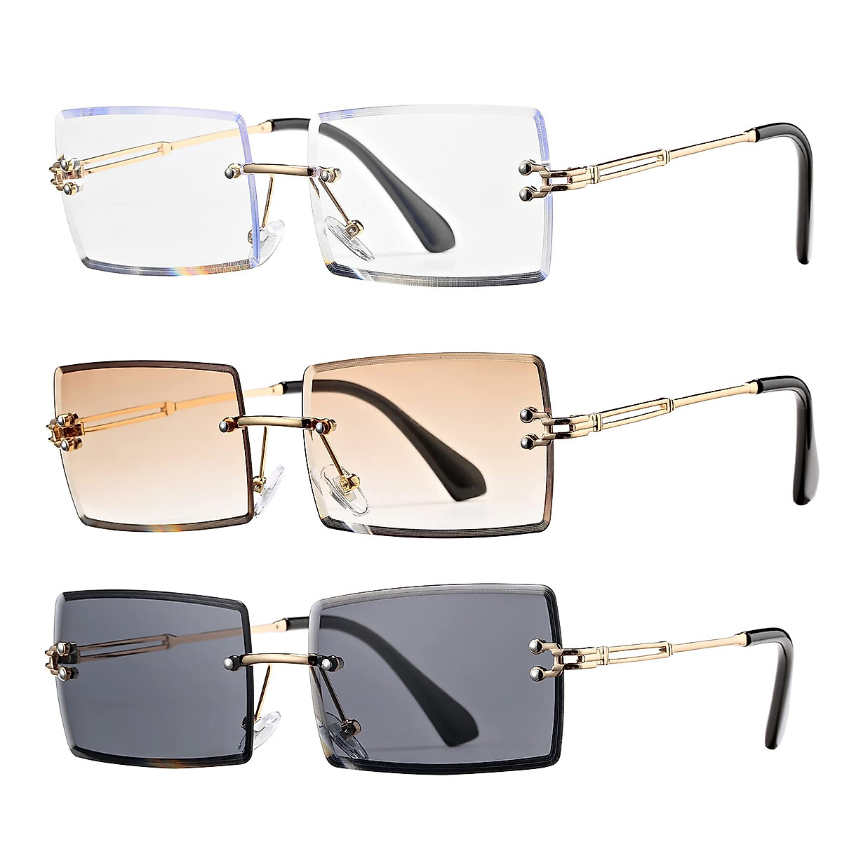 Rectangle Sunglasses for Men/Women Small Rimless Square Shade Eyewear (Tea + White + Black)…