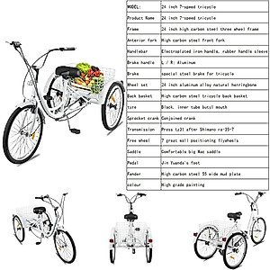 Adult Tricycle Bike 1/7 Speed 3-Wheel for Shopping W/Installation Tools Three-Wheeled Bicycle for Men and Women (White)