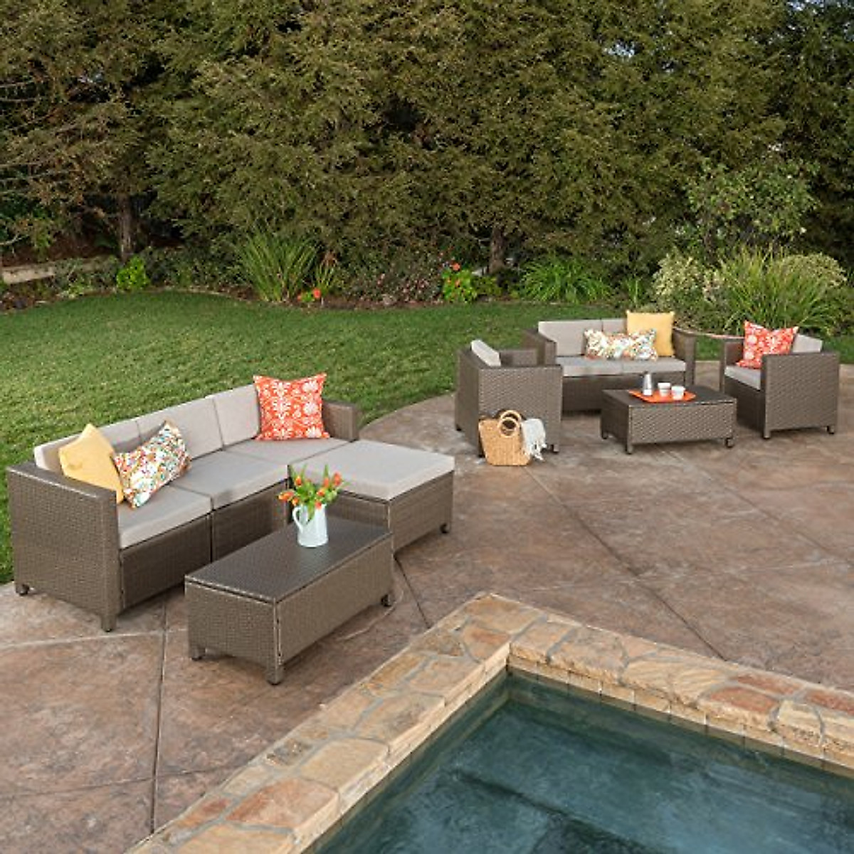 Christopher Knight Home Puerta Outdoor Wicker Sofa Set, 9-Pcs Set, Brown / Ceramic Grey