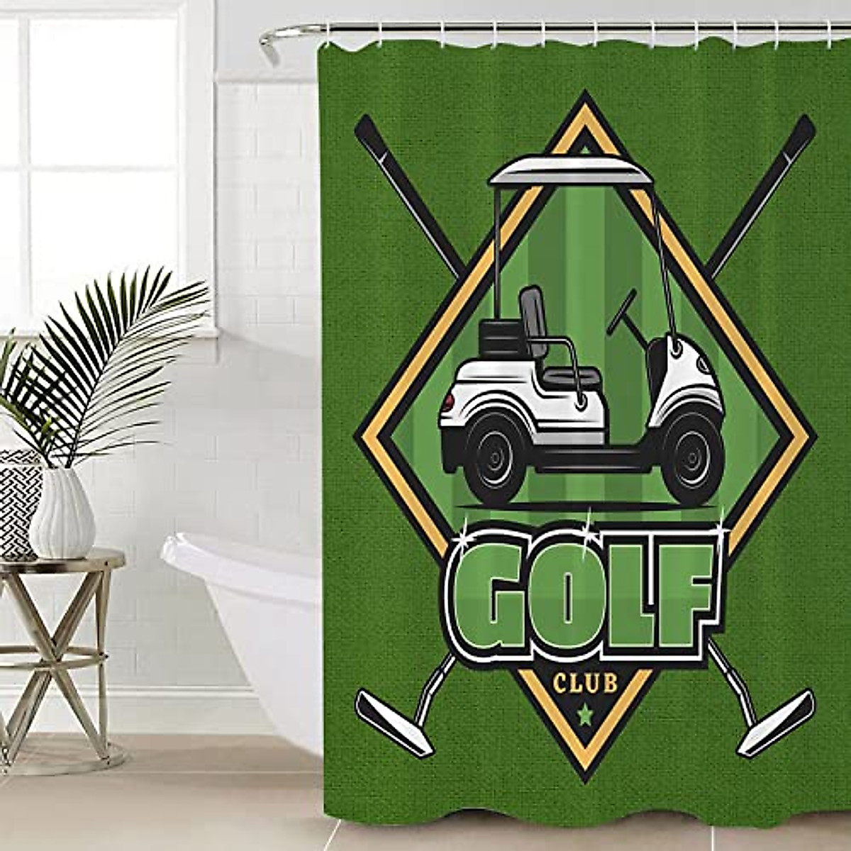 Wohnkutu 4Pcs Bathroom Shower Curtain Set, Balls Sports Theme Bathroom Accessory Shower Curtain Rugs Set, Golf Cart Golf Club Green Ball Field Non-Slip Bath Mat, Toilet Lid Cover, 72"x72"+Samll Set