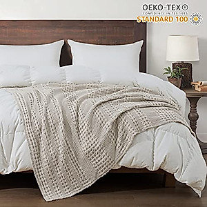 PHF 100% Cotton Waffle Weave Throw Blanket - Washed Soft Lightweight Blanket for All Season - Breathable and Skin-Friendly Blanket for Couch Bed Sofa 50"x60"- Light Khaki/Linen