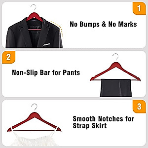Solid Natural Wooden Coat Hangers, 10 Pack Heavy Duty Smooth Finish Suit Hangers with Non-Slip Pant Bar, Precisely Cut Notches & Chrome Swivel Hook for Closet, Wardrobe