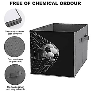 Soccer Ball on Black PU Leather Collapsible Storage Bins Canvas Cube Organizer Basket with Handles