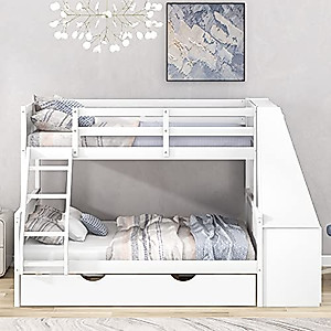 KoiHome Twin Over Full Bunk Bed with Trundle and Built-in Desk & Three Storage Drawers & Shelf, Wooden Platform Bed Frame with Slats Support for Kids,Teens Bedroom, No Box Spring Needed, White