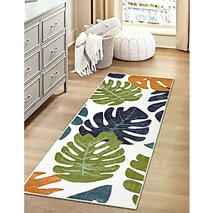 Lukinbox Leaf Bathroom Runner Rugs, 2x5 Cute Long Non-slip Washable Bath Mats for Bathroom, Blue Green Velvet Bathroom Mats Soft Plant Bath Rug for Hallway Kitchen Laundry Room Entryway Decor