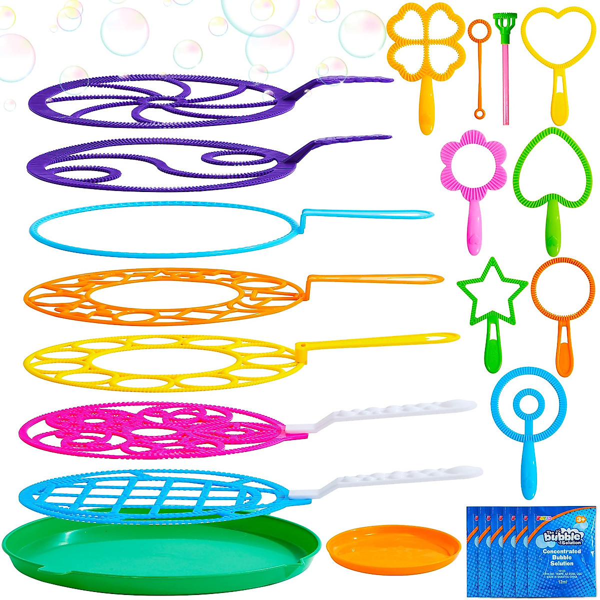 JOYIN Big Bubble Wands Set Bulk for Kids Summer Outdoor Activity Party Favors, 18 Pcs Giant Bubble Maker with Tray, 12" Large, 6 Pcs Solution Suitable for All Age People
