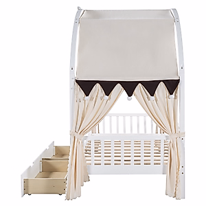 VilroCaz Multi-Functional Twin Size Daybed with 2 Drawers and Arched Roof Canopy, Solid Wood House Bed with Fabrics Curtain and Light Strip for Kids Teens Boys Girls, Sturdy Slat Support (White-Arch)