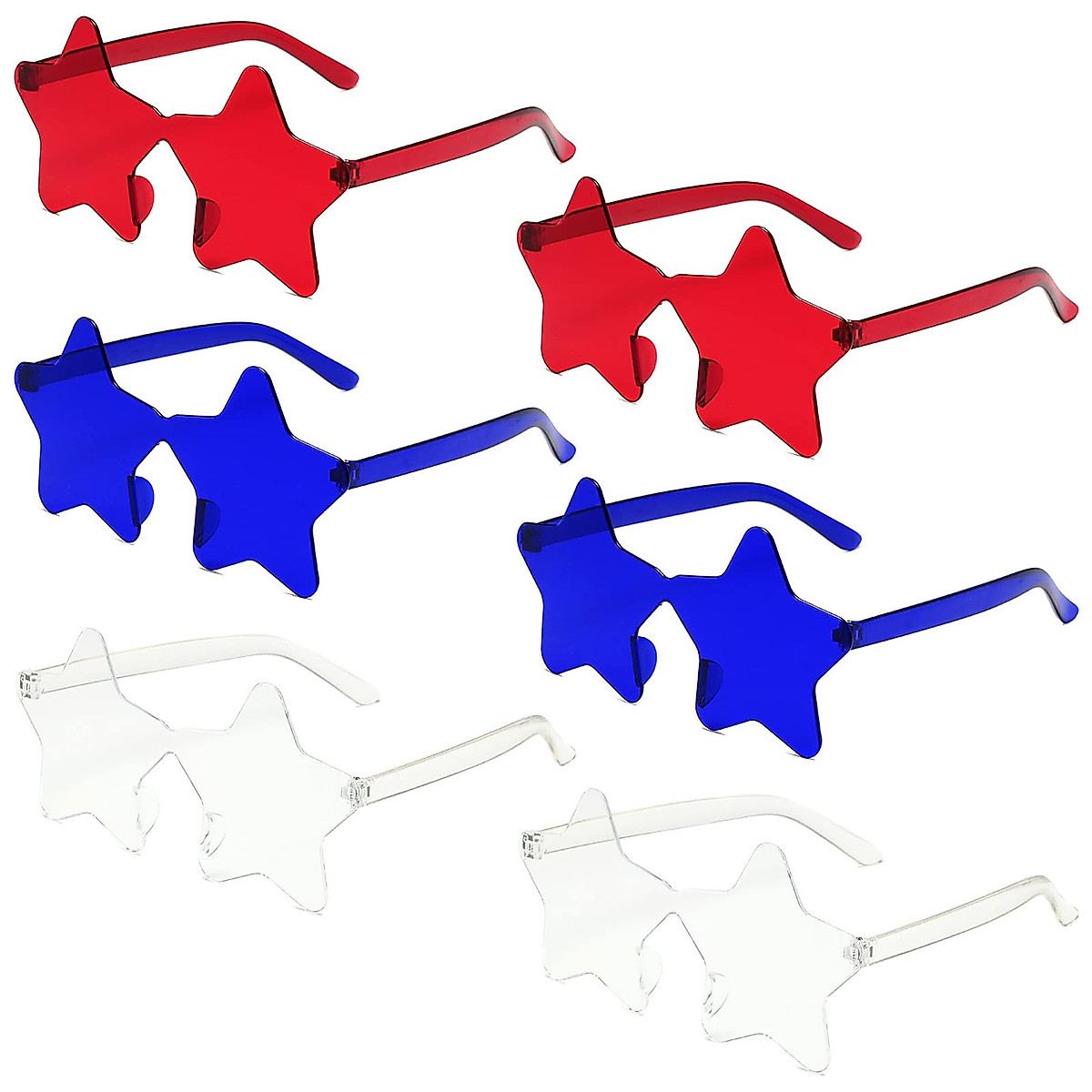 QXBXYHM 6 Pcs Independence Day Star Shaped Rimless Sunglasses Transparent Pentagram Glasses 4th of July Red White Blue Disco Glasses