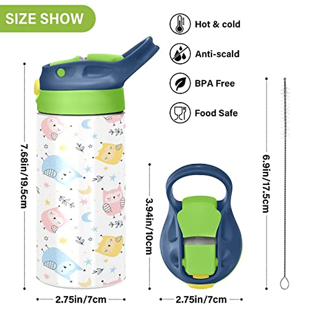 Kigai Cute Owls Kids Water Bottle, BPA-Free Vacuum Insulated Stainless Steel Water Bottle with Straw Lid Double Walled Leakproof Flask for Girls Boys Toddlers, 12Oz