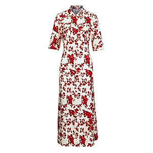 F_Gotal Womens Bohemian Printed Loose Button Stripe Roll Up Sleeve Maxi Dress with Pockets Beach Sundress Party Cocktail