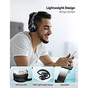 TECKNET Wireless Bluetooth Headphones Over Ear 65H Playtime Foldable Lightweight Headphones with Mic for PC, Deep Bass Hi-Fi Stereo Sound with 3 EQ Modes for Travel/Office/Cellphone/TV/PC (Black)