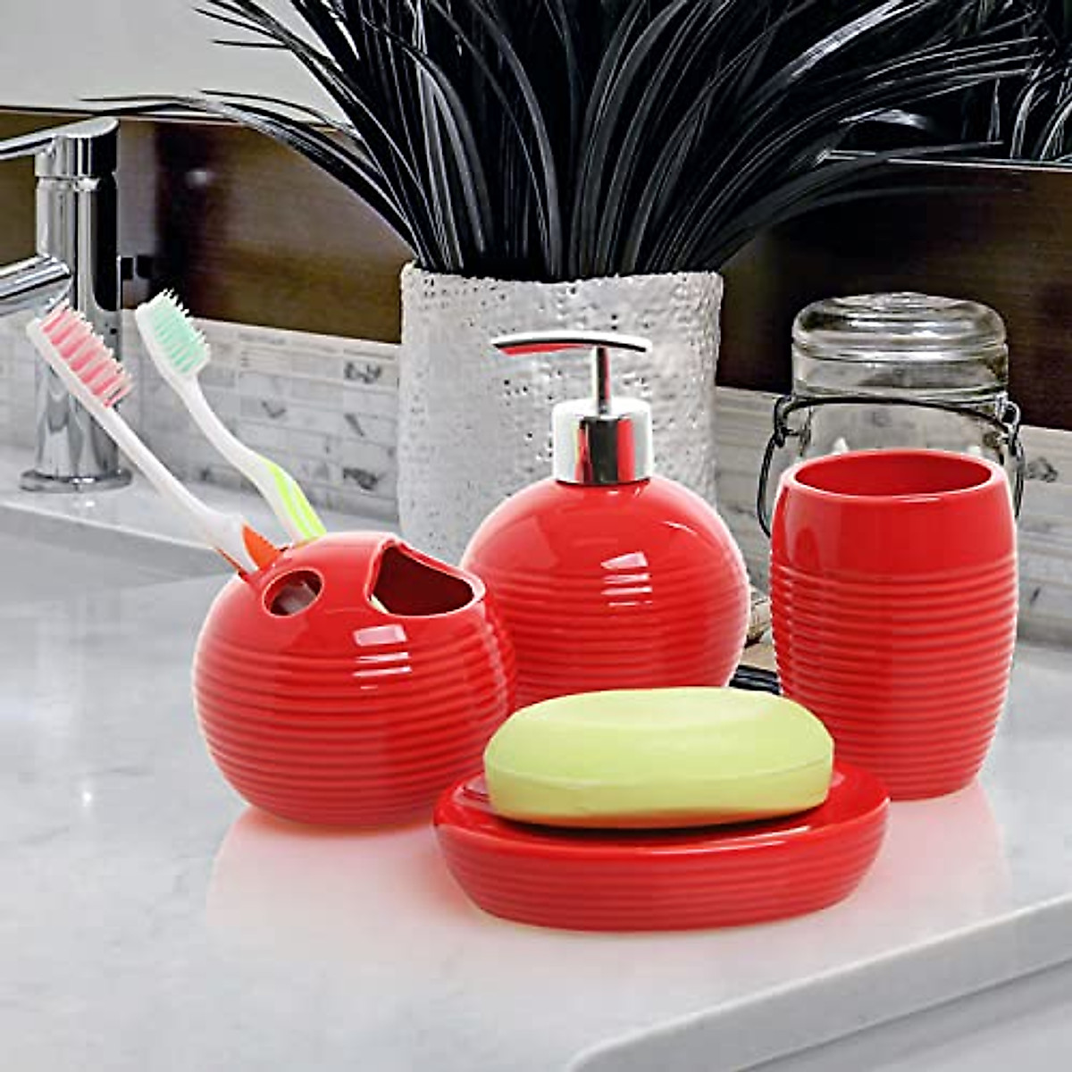 MyGift 4 Piece Modern Red Ceramic Bathroom Accessory Set with Ribbed Design, Includes Lotion/Liquid Soap Dispenser Pump, Toothbrush Holder, Tumbler, and Soap Dish
