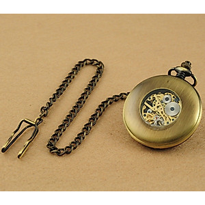 VIGOROSO Men's Hand-Wind Mechanical Pocket Watch Vintage Steampunk Wood Grain Hollow Design with Chain and Box