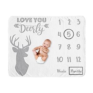Sweet Jojo Designs Grey Woodland Deer Boy Milestone Blanket Monthly Newborn First Year Growth Mat Baby Shower Memory Keepsake Gift Picture - Gray and White Stag Forest Animal Love You Deerly