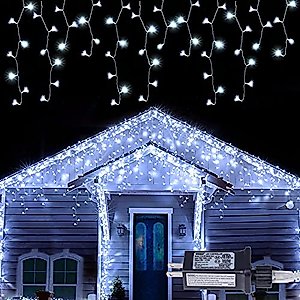 Bstge Christmas Icicle Lights Outdoor, 38.4ft LED Plug in LED String Lights with 8 Modes, Waterproof Christmas Icicle Lights for Patio, Yard, Garden Decoration (White)