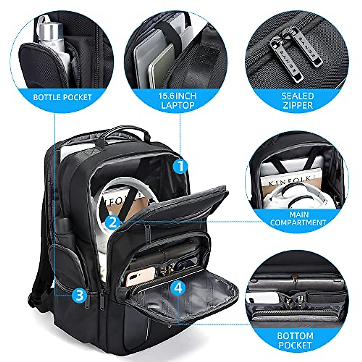 BANGE Travel Backpack, Business Durable Laptops Backpack with USB Charging Port, Computer Backpack for Men & Women Fits 15.6 Inch Notebook
