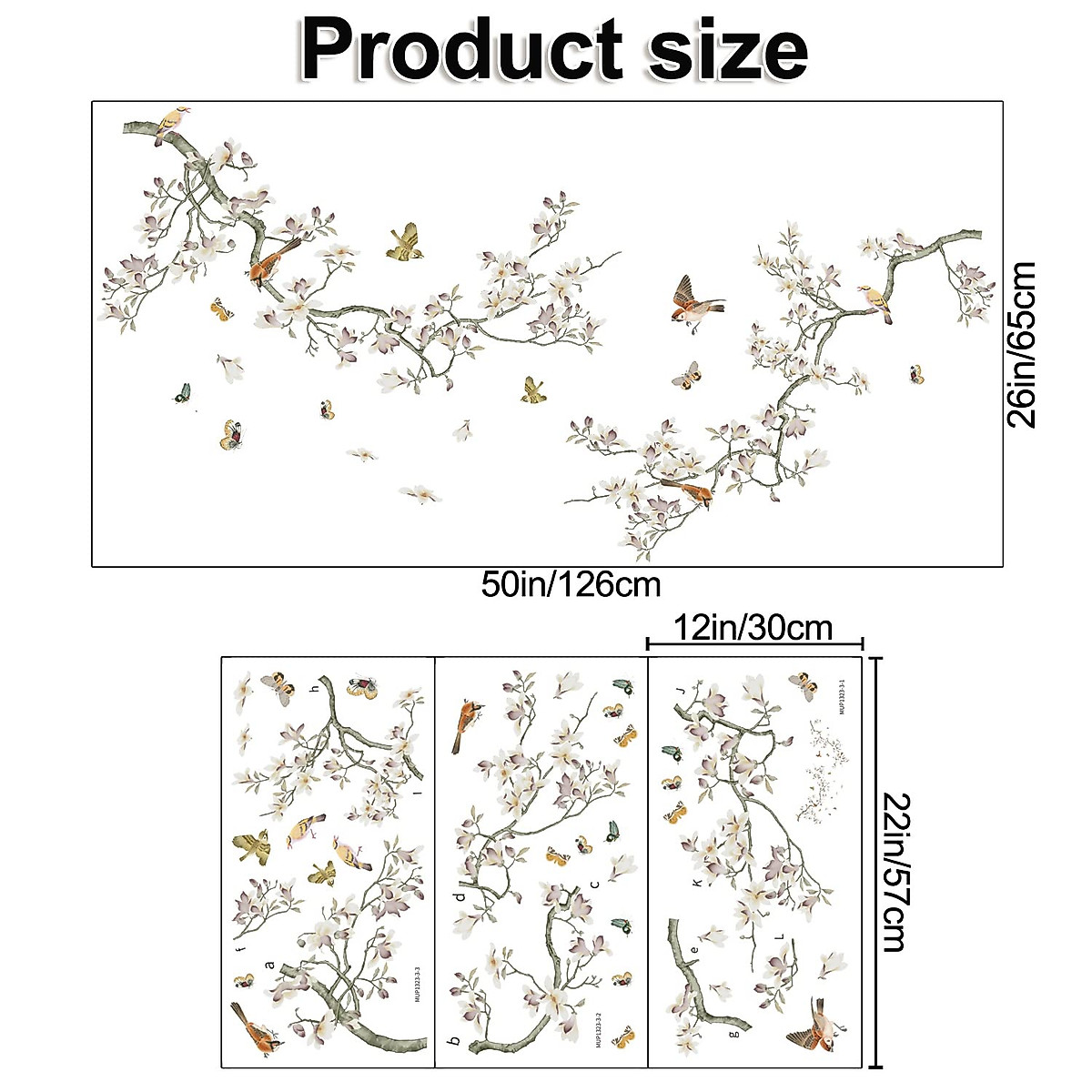 Green Leaf Branch Wall Decals White Flowers Wall Stickers DIY Removable Butterflies and Birds Wall Sticker Art Home Decoration for Kids Baby Girls Bedroom Classroom Offices Nursery TV Sofa Background (B)