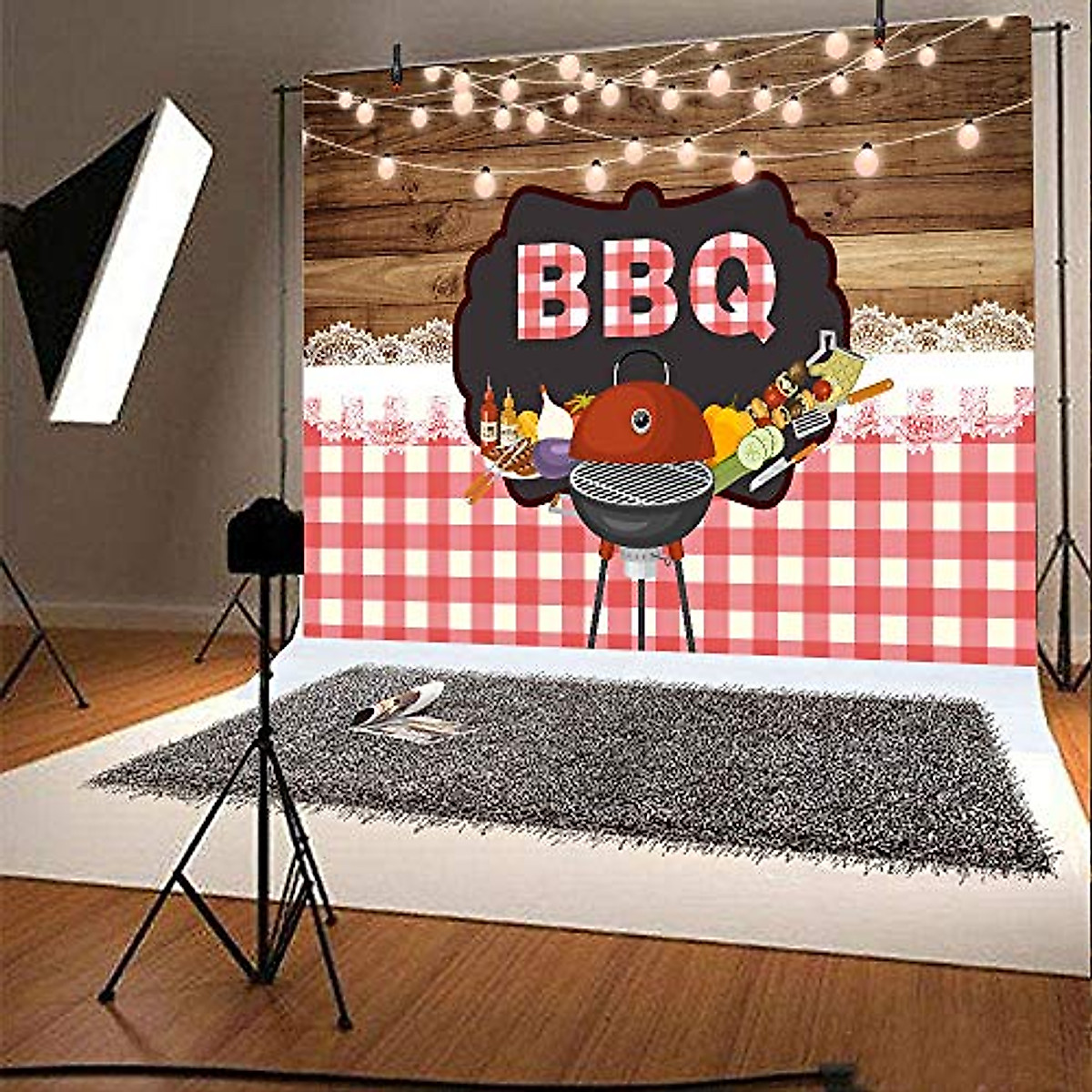 BBQ Backdrop FHZON 7x5ft Brown Wooden Board String Lights Lace Barbecue in The Wild Photo Background for Groovy Party Decorations Studio Props BJYYFH38