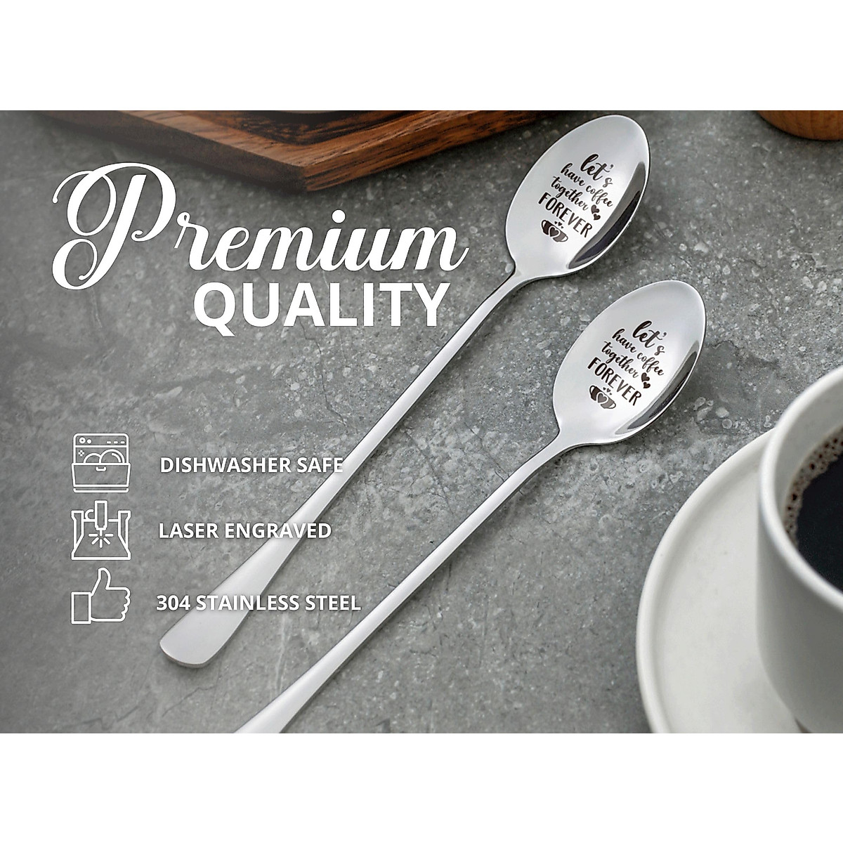 Coffee Spoons for Couples, 2 Pcs Stainless Steel Engraved Coffee Spoons, Coffee Lovers Gifts, Gift Ready Package, Let's Have Coffee Together Forever