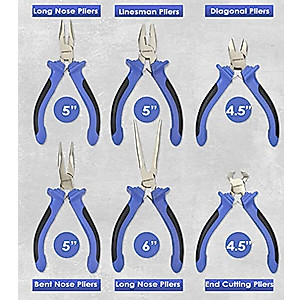  URASISTO 6 pcs Mini Pliers Set  - Long, Bent, Needle Nose, Diagonal, End Cut, Combination - Spring Loaded Handle, 5 Inch - Mechanic, Craftsman Basic Tool Kit - Roll Up Carry Bag Included