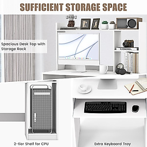 COSTWAY White Computer Desk with Storage Shelf, Wooden Writing Desk with Hutch, Office Desk with CPU Stand & Keyboard Tray, Home PC Desk with Bookshelf, for Bedroom, Study, Living Room