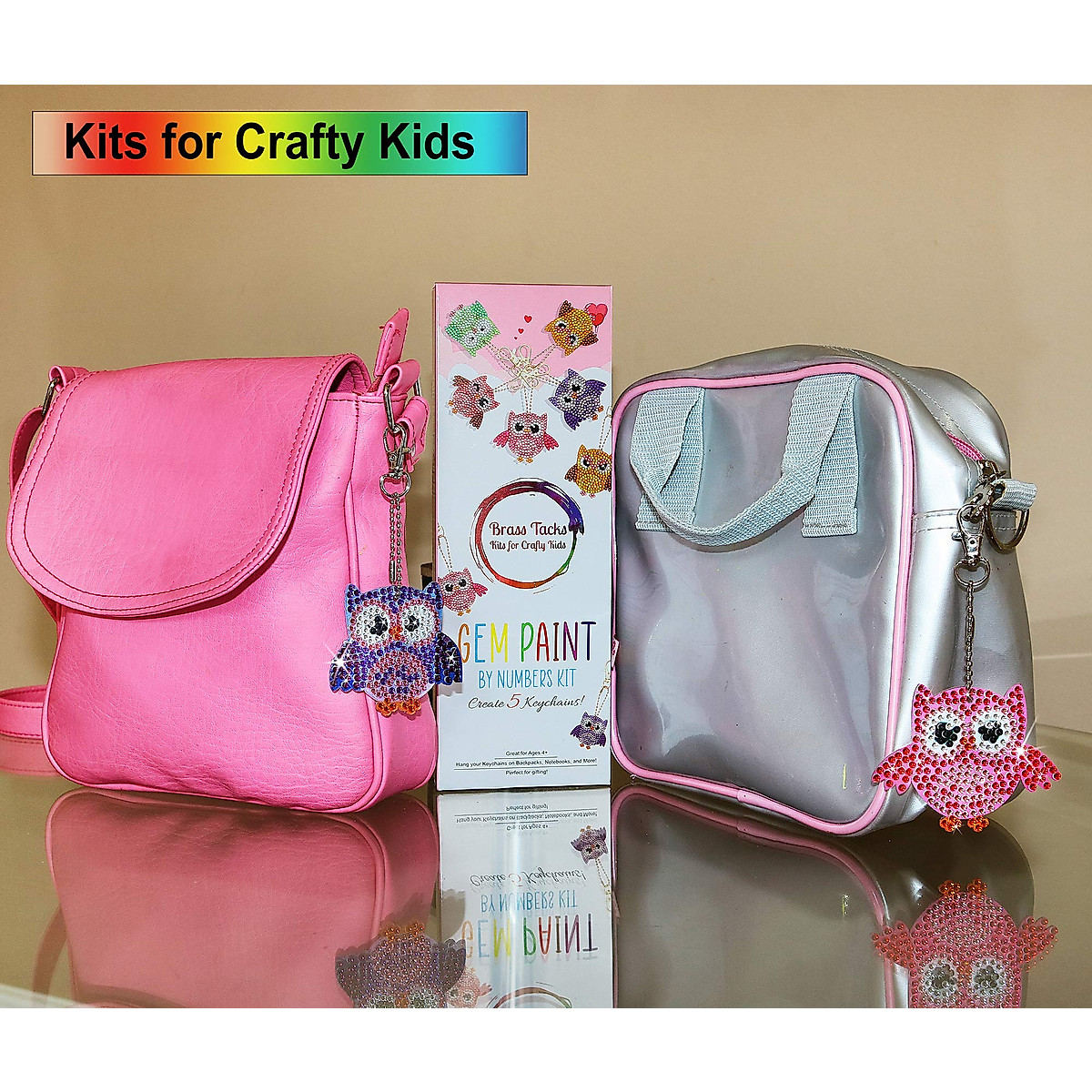 BRASS TACKS KITS FOR CRAFTY KIDS Gem Painting Kit- Make Your Own Keychains- Diamond Art Painting by Numbers (Owl)