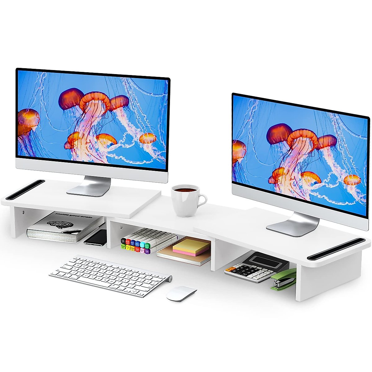 Zimilar 2 Pack Monitor Stand Riser, 3 Height Adjustable Monitor Stand with Unique Star Mesh for Computer + Dual Monitor Stand Riser, Monitor Stand with Adjustable Length and Angle, Wood Monitor riser