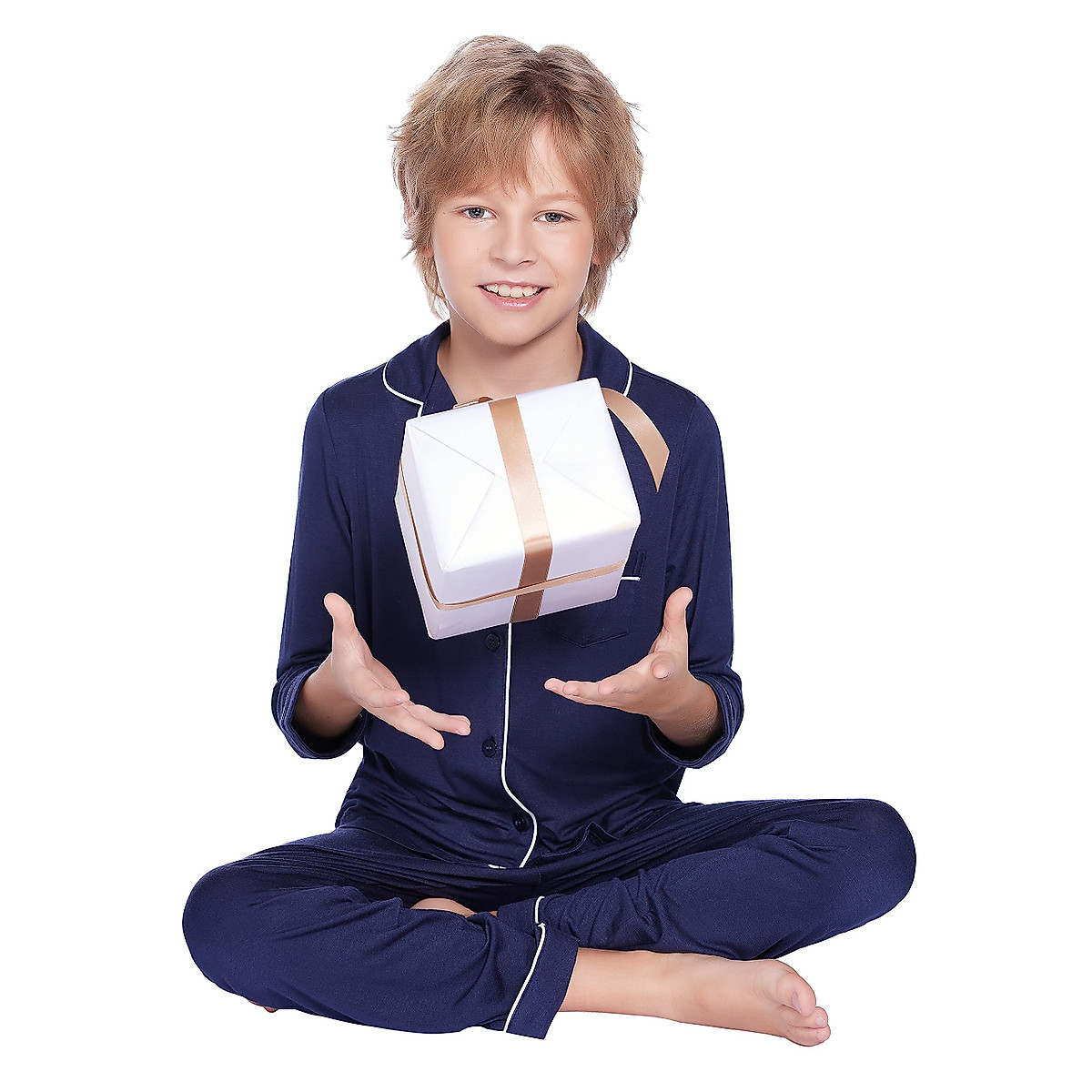 luxilooks Big Boys Cotton Button-Front Pajamas Sets 2 Piece Sleepwear Long Pj Set Casual Lougewear Soft Nightwear(Navy Blue,7-8Y)