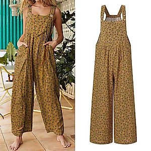 Padaleks Women's Summer Vintage Floral Print Jumpsuits Sleeveless Overalls Romper Boho Baggy Long Pants w/Pocket
