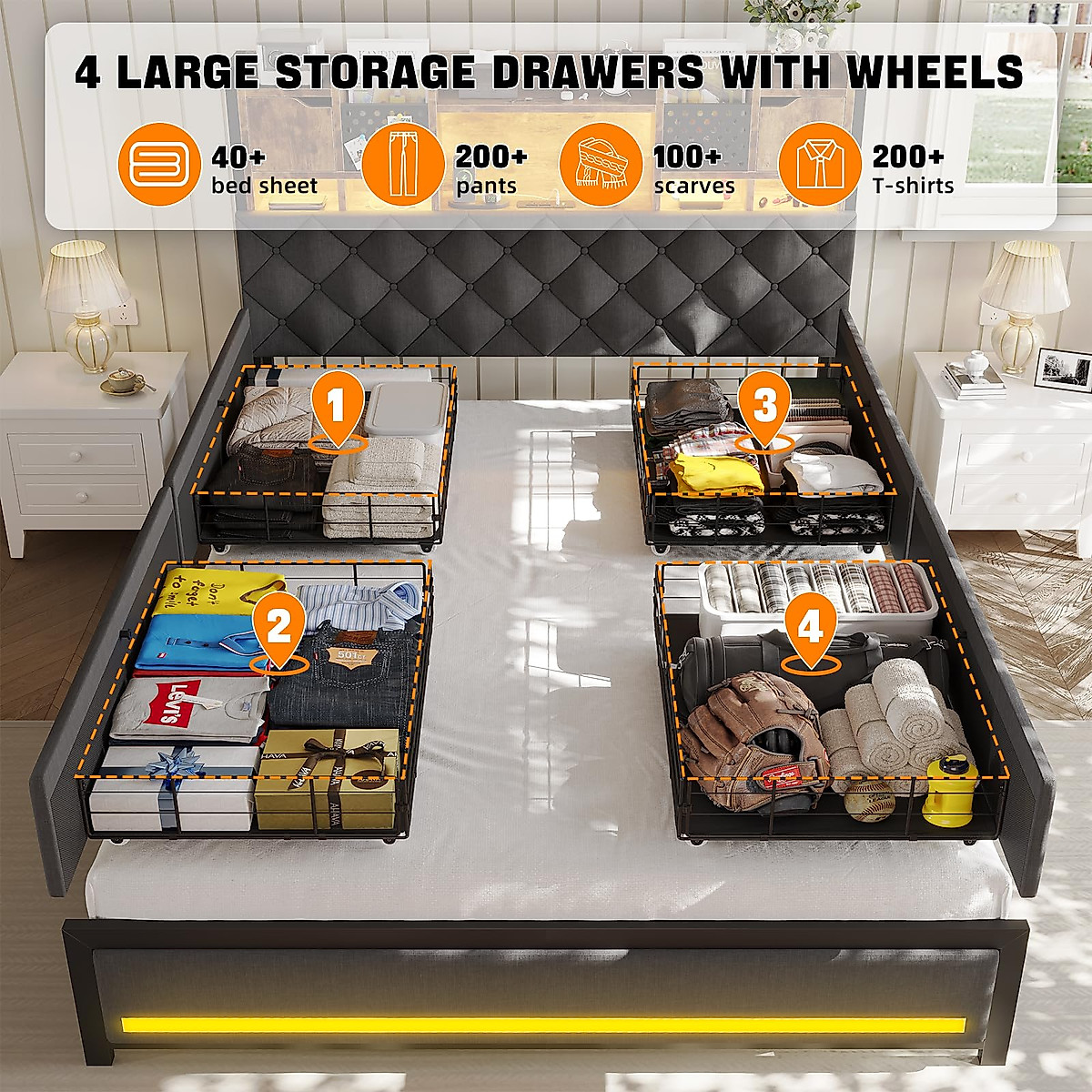 busyaeh Queen Bed Frame with Storage Bed with 4 Drawers Bookcase Headboard Bed Frame with LED Lights and Bookcase Headboard LED Bed Frame with Storage and Charging Station Vintage Brown