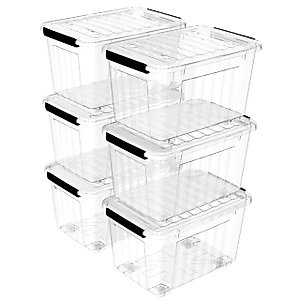 Cetomo Plastic Storage Bin Box Stackable and Nestable with Lid and Secure Latching Buckles, Clear, 60Qt x 6, Pack of 6