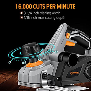 WORKSITE Hand Planer 20V Cordless 3-1/4-Inch Wood Planer with 4.0 Ah Lithium-Ion Battery, Fast Charger, Dust Collection Bag for Woodworking