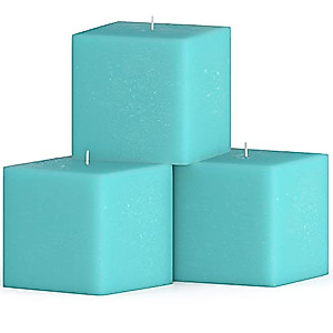 Candwax 3 inch Pillar Candles for Home Set of 3 pcs - Unscented and Long Lasting Candles Ideal for Wedding or Home Decor - Turquoise Square Candles