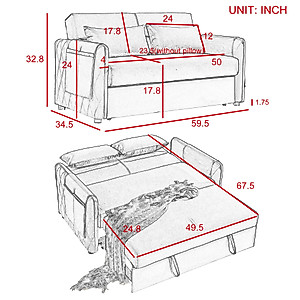 Monkey Patio 59.5 Inches Modern Velvet Loveseat with Pull-Out Convertible Sleeper Sofa Bed, 2 Arm Pockets, 2 Pillows and Adjustable Backrest for Living Room, Grid Design Armrests (Black)