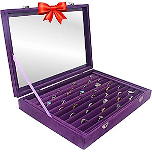 Ring Organizer Display Case ~ 11 Rows Multiple Ring Holder ~ Jewelry Tray Organizer With Studs ~ Ring & Earring Holder Storage Box For Shows With Transparent Lid (Purple)