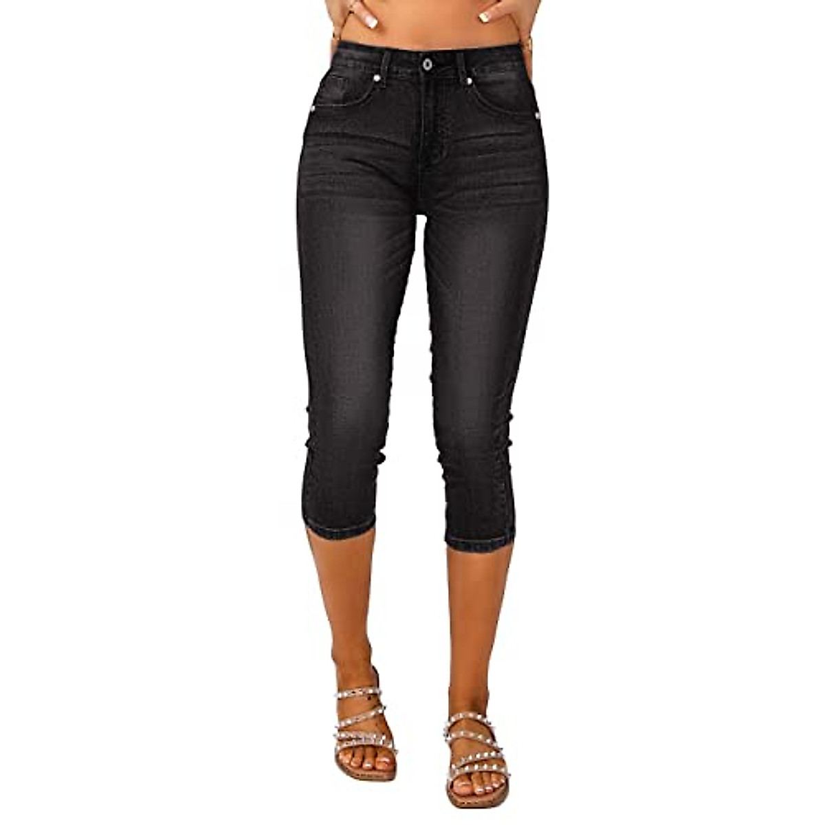 Vetinee Women's Slate Black Summer High Waisted Casual Skinny Slim Fit Stretch Cropped Denim Capri Jeans Size 12/14