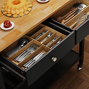 Gizoon Kitchen Island Cart with Storage, 40’’ Wooden Top, 2 Tiers Spacious Shelves and Towel Bar, 2 Drawer Mobile Trolley Cart On Metal Wheels with Hooks for Dining Room, Bar, Outdoor, Black