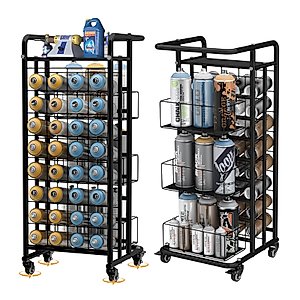Nisorpa Spray Paint Can Holder 32 Slots Aerosol Can Storage Rack 8-Tier Metal Lube Can Holder Movable Spray Can Organizer Cart with 3 Baskets for Garage Craft Workroom Shop-1pc,Black