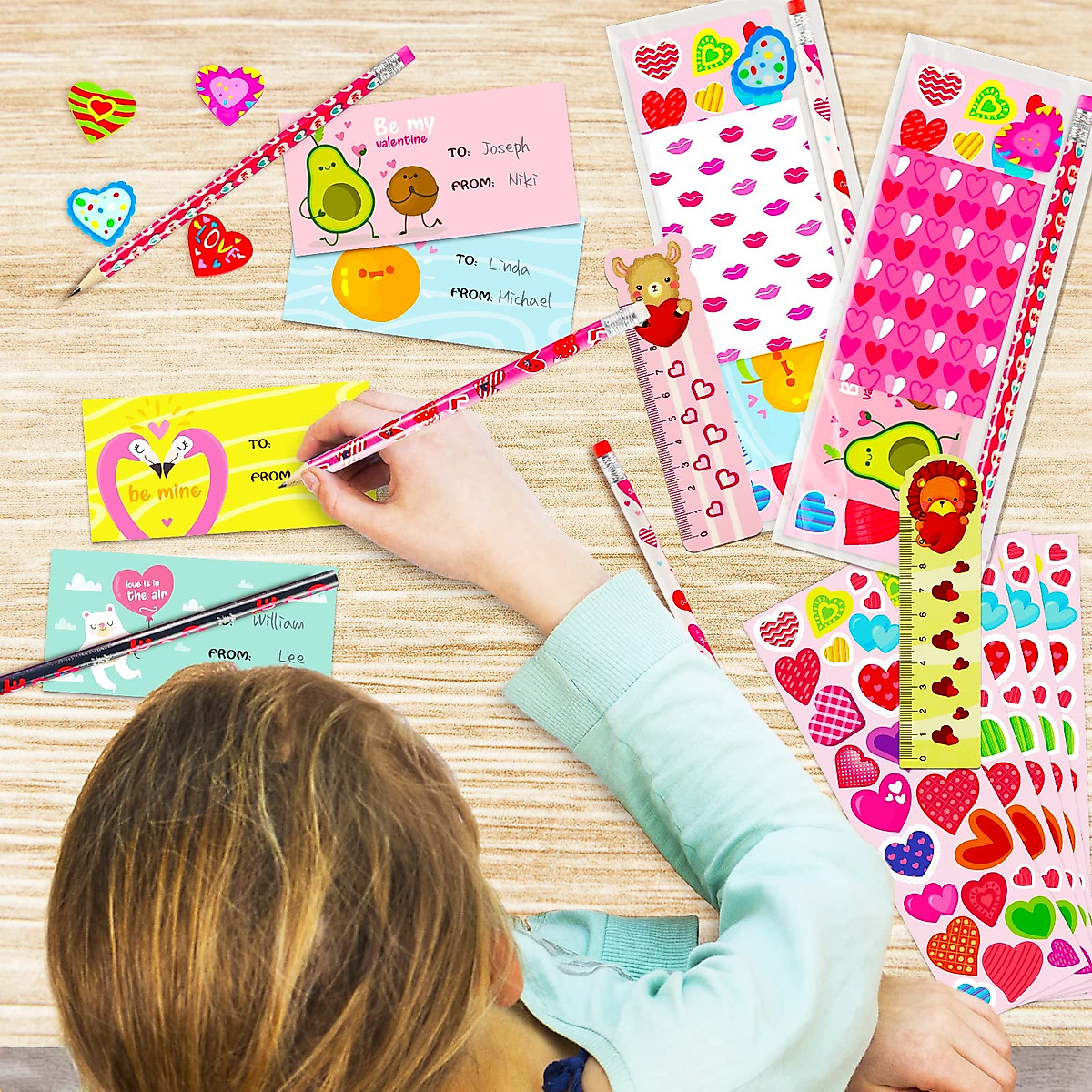 28 Pack Assorted Valentines Day Stationery Kids Gift Set, for Valentine Card Classroom Exchange Cards, Class Kid Pencil Eraser Notepad Sticker Bag, Pencils Bulk Pack Goodie Set, Toys Treats