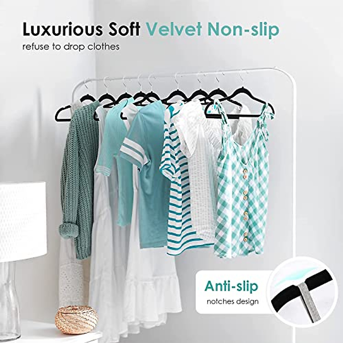 AzxecVcer Velvet Hangers,50 Pack Non Slip Felt Hangers Slim & Space Saving, Open Ended Design for Easy-Slide Pant, Jeans, Slacks Etc, Black