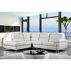 Cortesi Home Contemporary Miami Genuine Leather Sectional Sofa with Left Facing Chaise Lounge, Off White 80"x98"