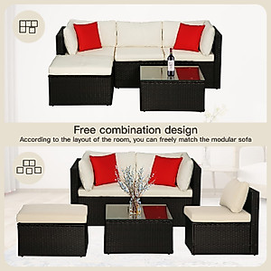 5 Pieces Rattan Patio Furniture Sets Patio Sofa Wicker Sectional Sofa Modular Outdoor Conversation Sofa Set with 2 Red Pillow 2 Corner Chair Armless Chair Ottoman Chair Glass Table,Khaki Cushion