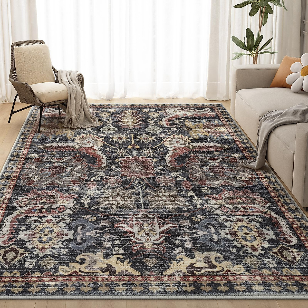 Smiry Boho Area Rug 4x6, Non Slip Vintage Rugs for Living Room, Faux Wool Fiber and Machine Washable for Bedroom Dining Room Kitchen Laundry Home Office, Rust