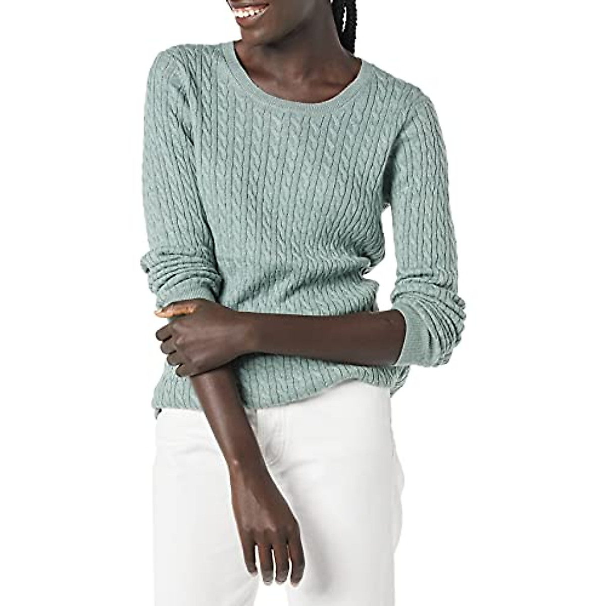 Amazon Essentials Women's Lightweight Long-Sleeve Cable Crewneck Sweater (Available in Plus Size), Sage Green Heather, Medium